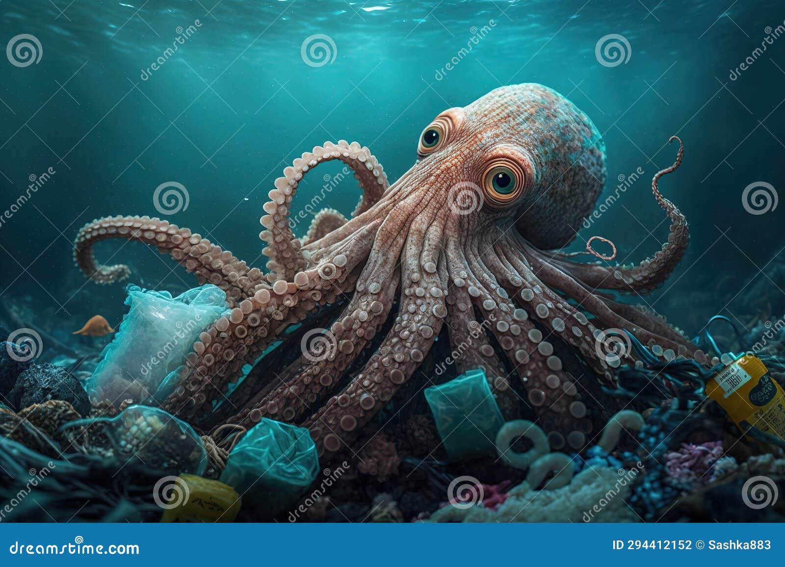 A Illustration of an Octopus among Plastic Waste in the Ocean ...