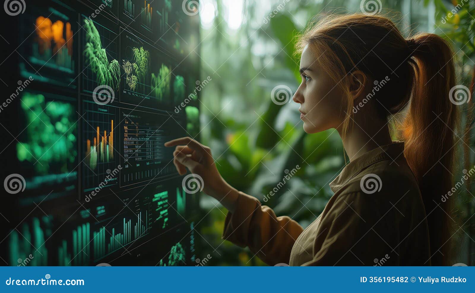 Environmental Scientist Analyzing Growth Data with Digital Interface ...