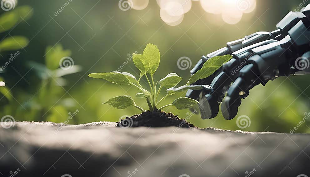 Environmental Technology Concept, Robot Hand Holding Small Plants ...