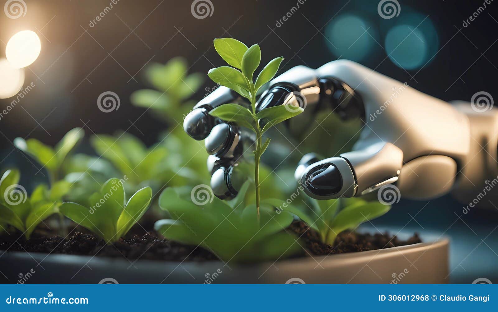 Environmental Technology Concept, Robot Hand Holding Small Plants ...