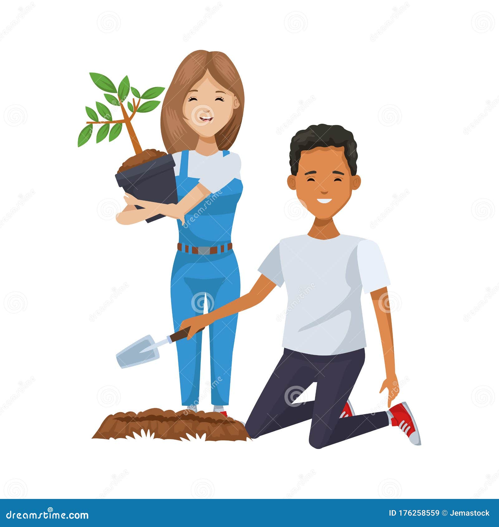 Environmentalists Couple Planting Tree Characters Stock Vector ...