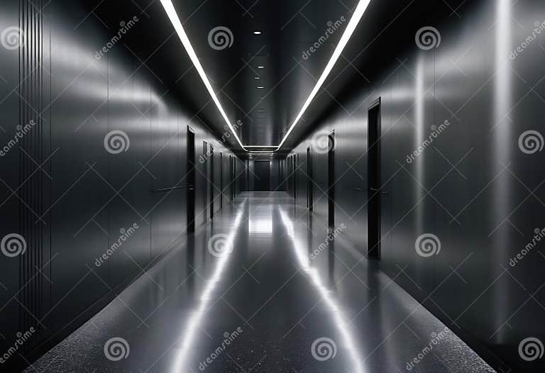 Envision a Long Hallway Designed with a Dramatic of Light and Shadow ...