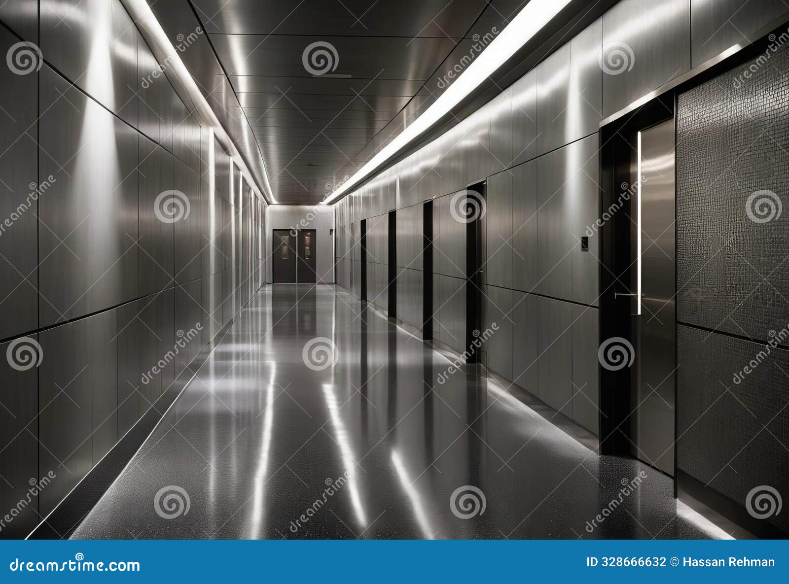 Envision a Long Hallway Designed with a Dramatic of Light and Shadow ...