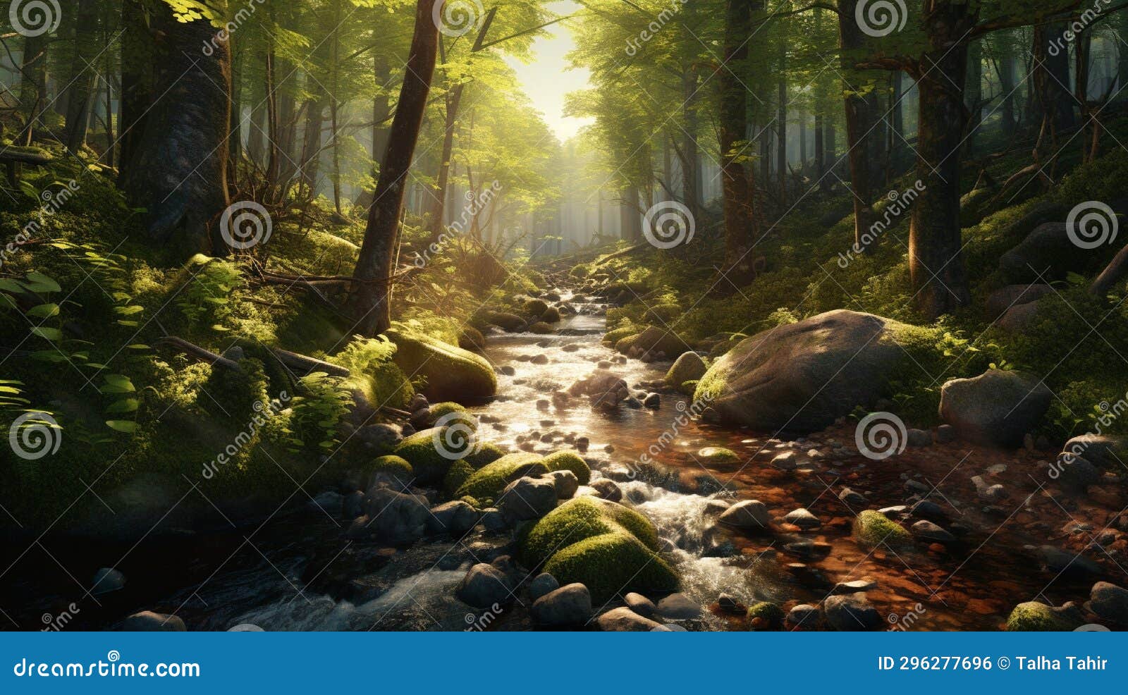 A Sun-dappled Forest with a Babbling Brook Stock Illustration ...