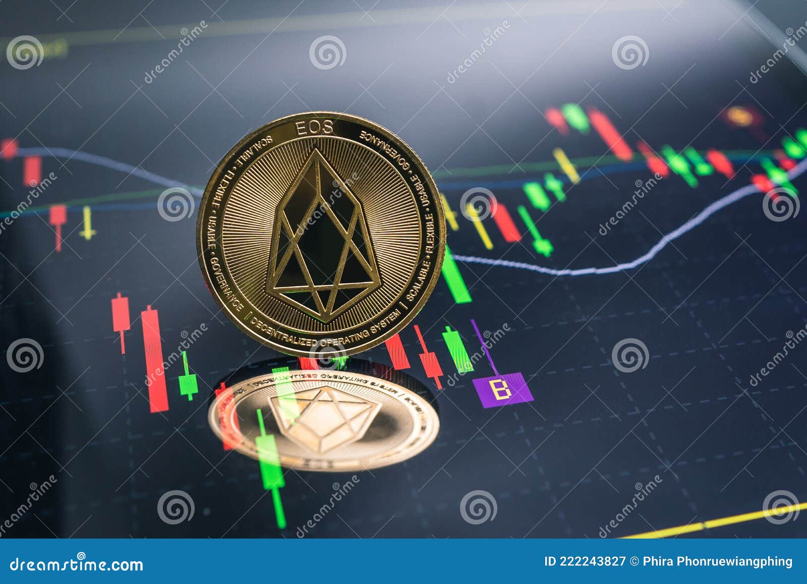 EOS Currency with Blockchain Concept on Laptop and Charts and Graphs ...