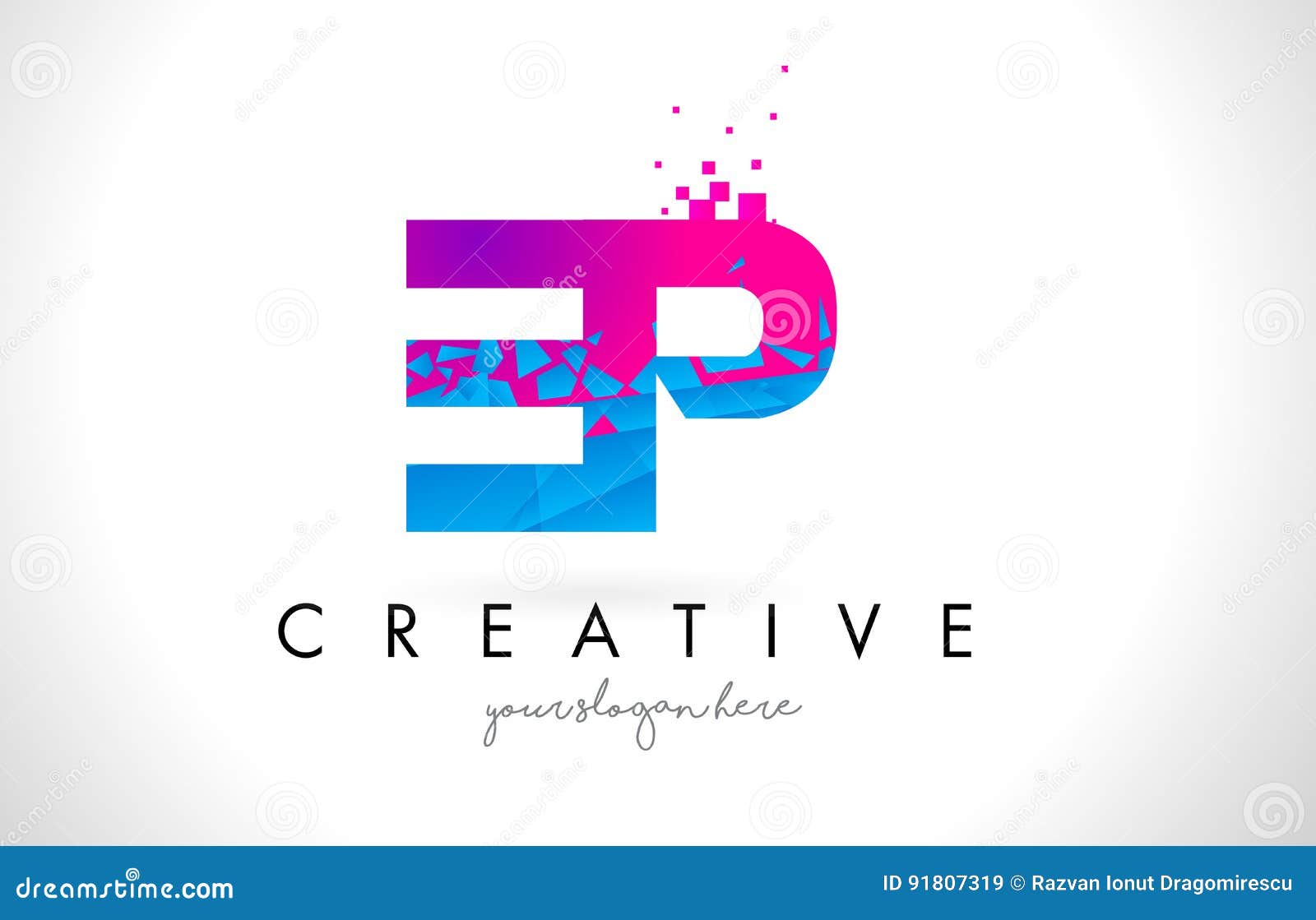 EP E P Letter Logo with Shattered Broken Blue Pink Texture Design ...