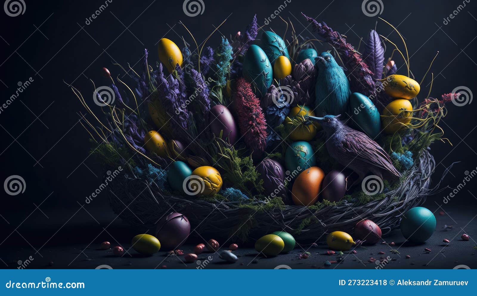 Epic Artwork of Colourful Easter Eggs in Nest with Bird on Dark ...
