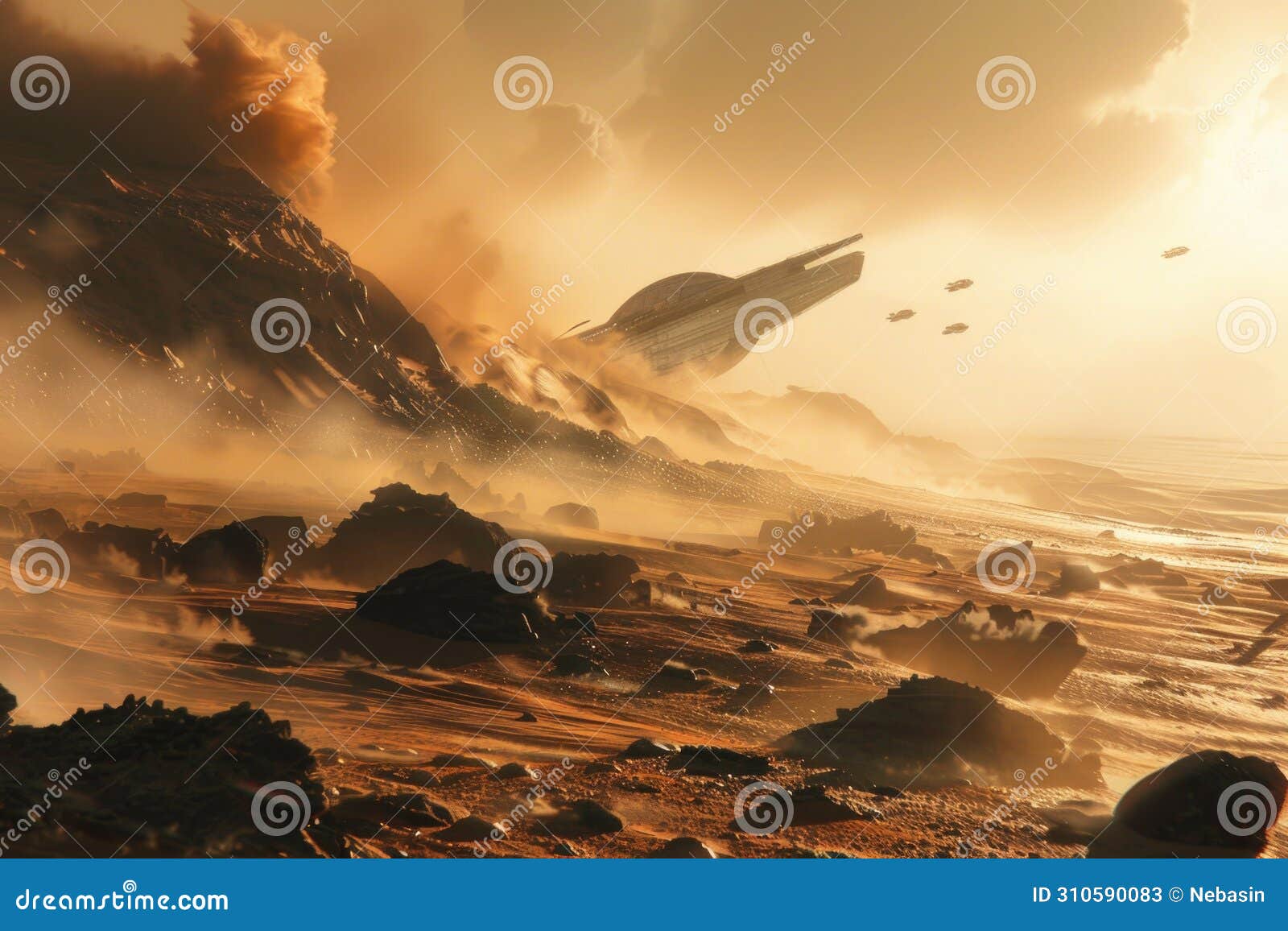 Epic Battle Scene on Mars Featuring Futuristic Spacecraft, Alien ...