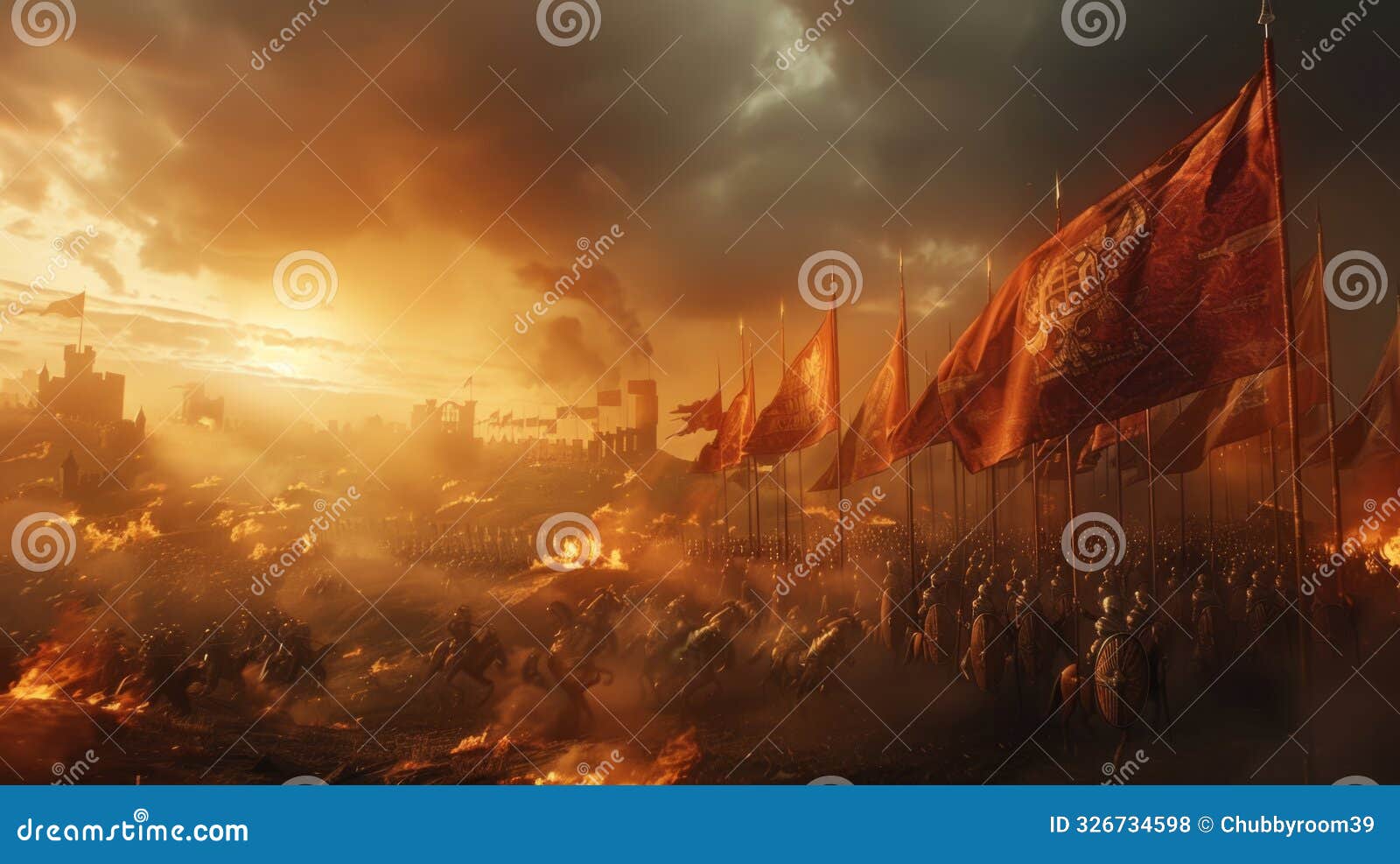 An Epic Battle Scene with Soldiers and Horses Under a Dramatic Sky at ...