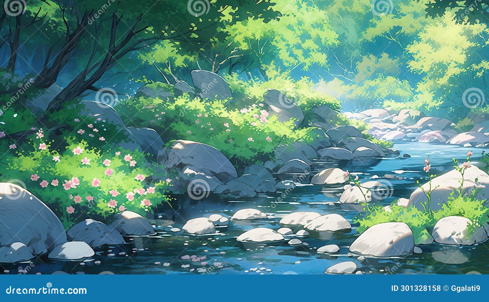 An Epic Calm Manga Artwork Showing a River Flowing through a Forest ...