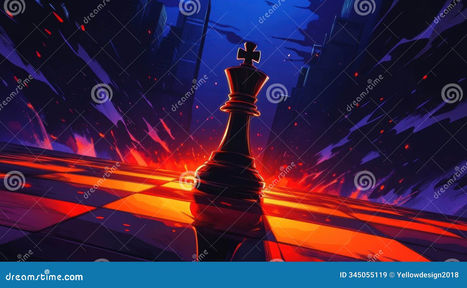 Epic Chess Battle on Fiery Chessboard with Dramatic Cityscape Backdrop ...