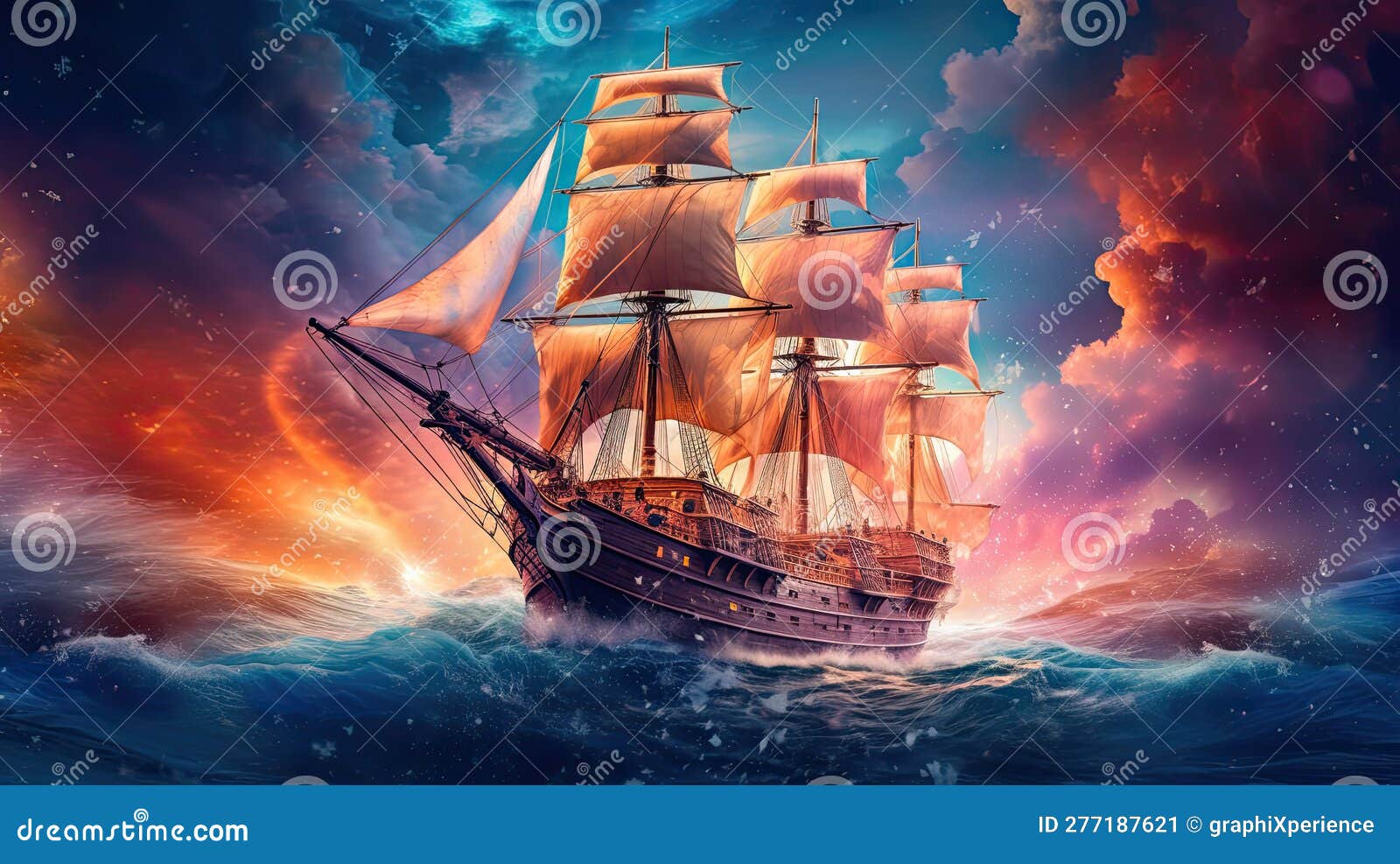 Epic Colorful Sailing Ship Illustration Stock Illustration ...