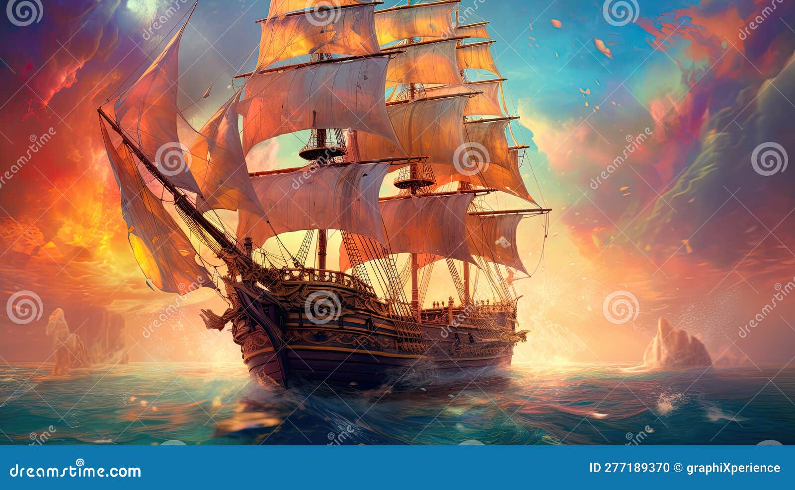 Epic Colorful Sailing Ship Illustration Stock Photo - Image of creating ...