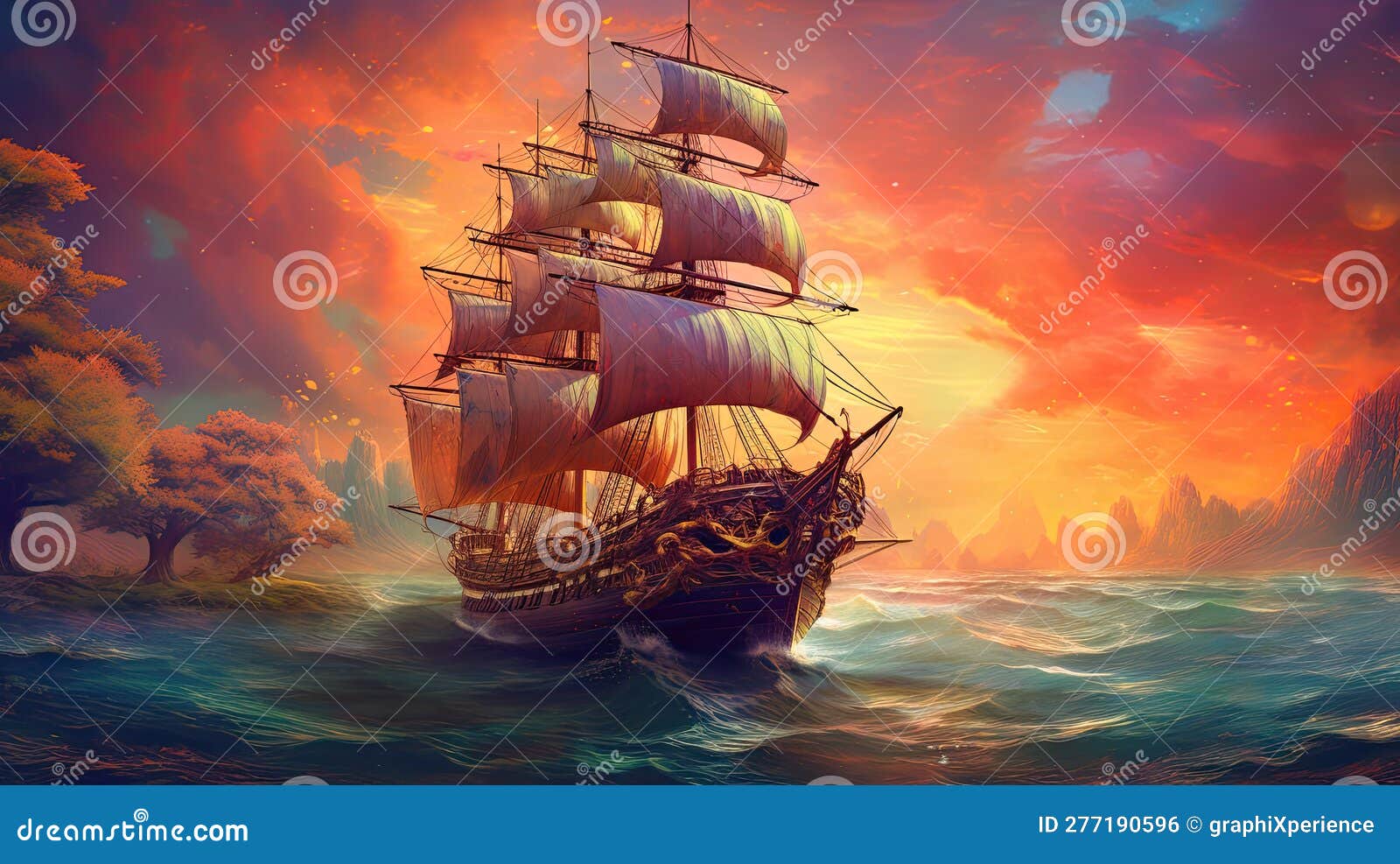 Epic Colorful Sailing Ship Illustration Stock Illustration ...