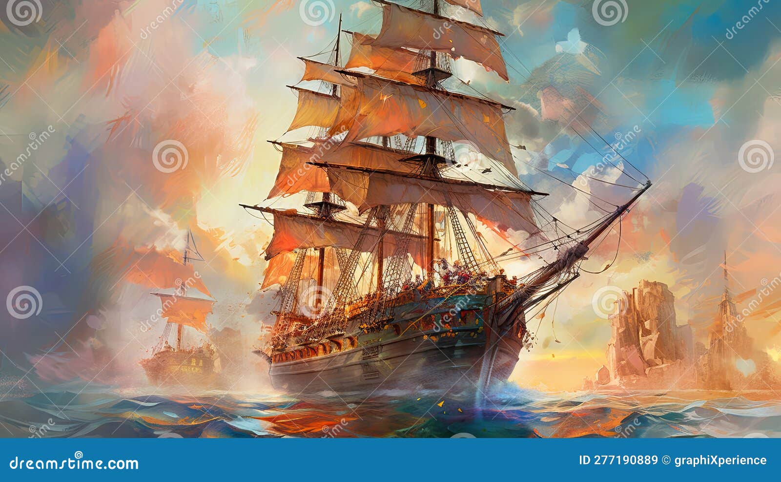Epic Colorful Sailing Ship Illustration Stock Illustration ...