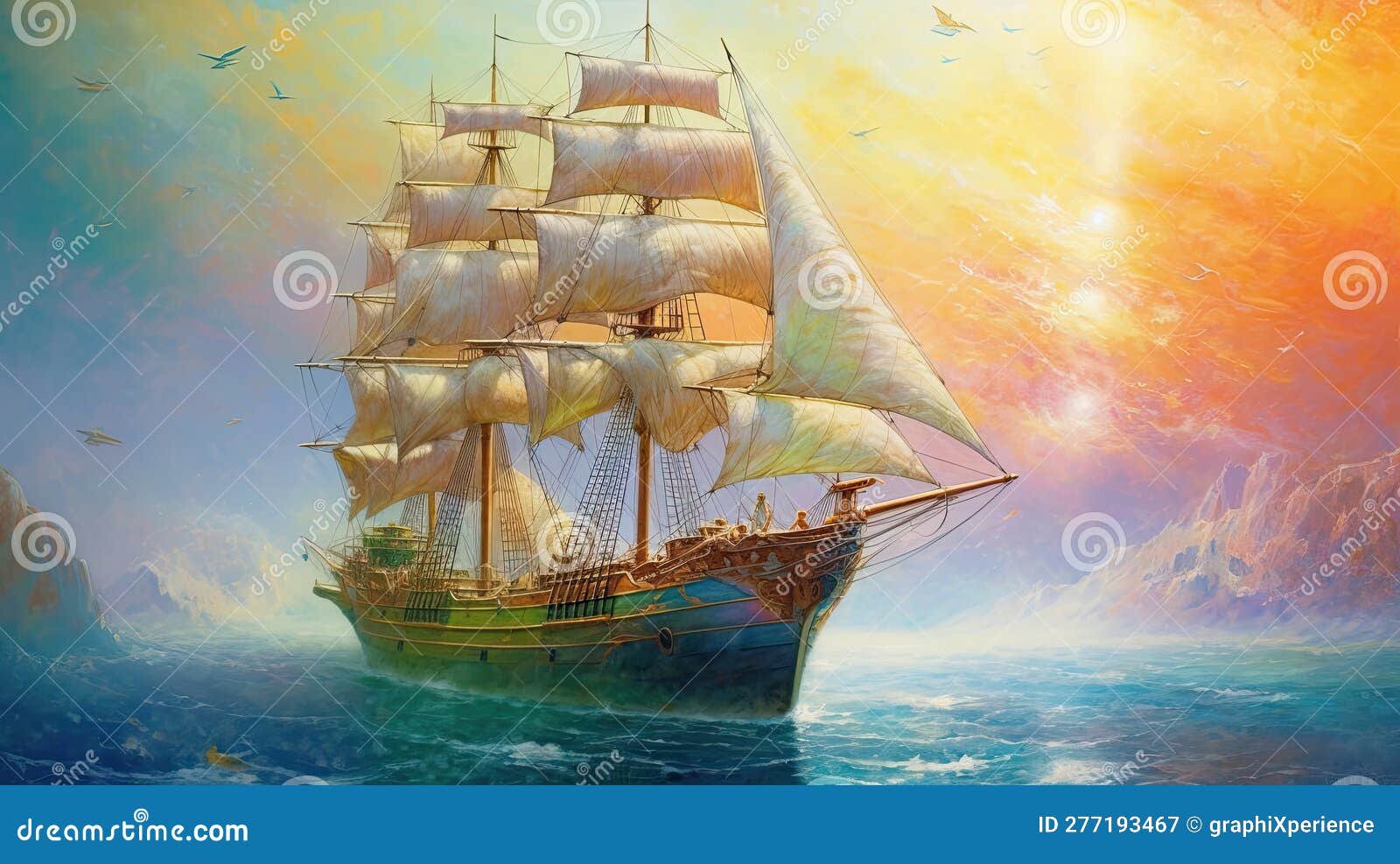 Epic Colorful Sailing Ship Illustration Stock Illustration ...