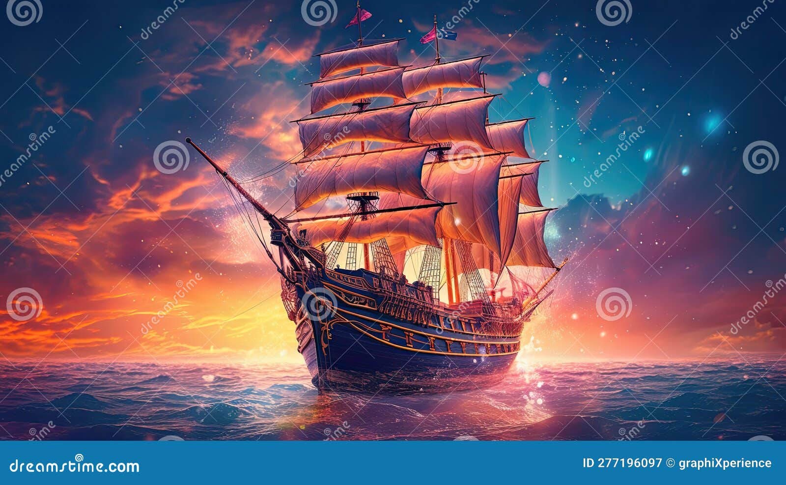 Epic Colorful Sailing Ship Illustration Stock Illustration ...