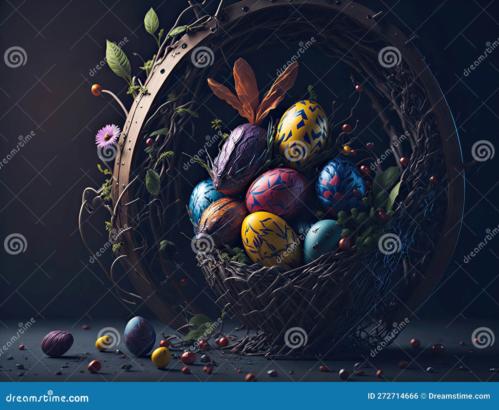 Epic Composition of Colourful Easter Eggs in Design Basket on Dark ...