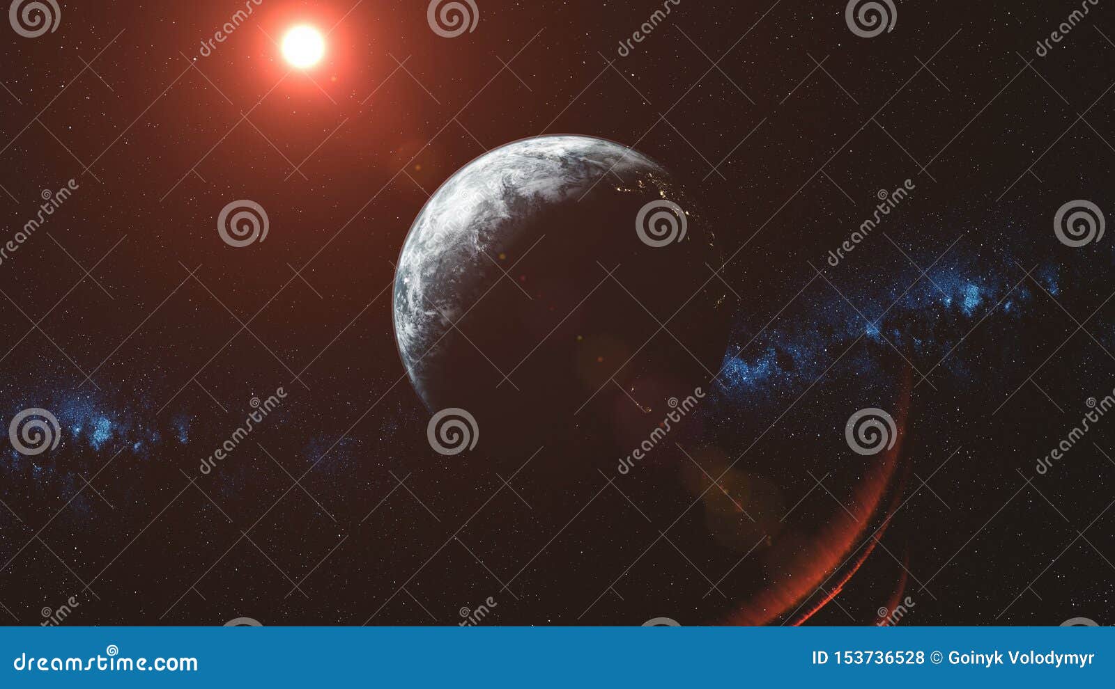 Epic Earth Orbit Observation Red Sun Beam Glow Stock Illustration ...