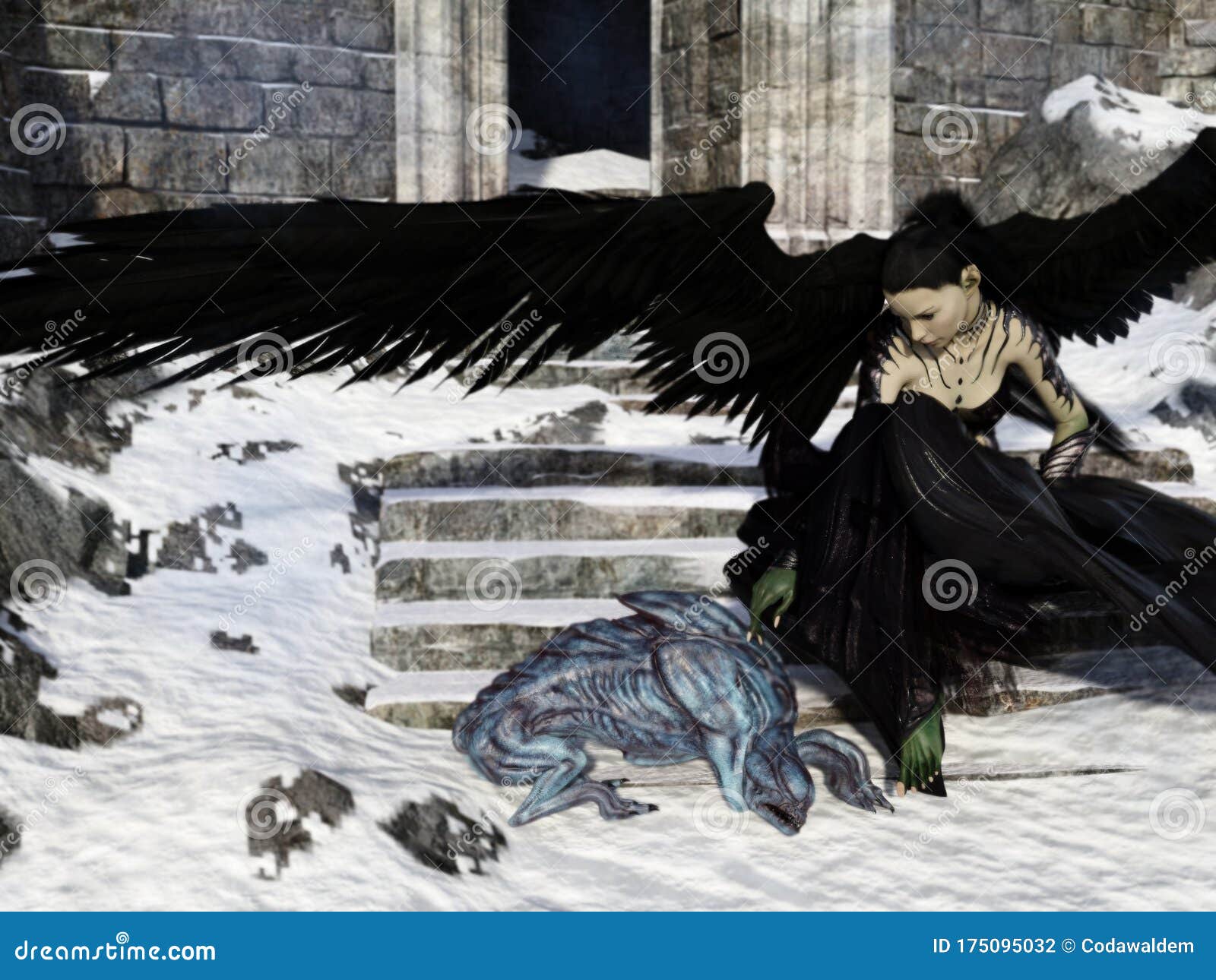 Epic: Fallen Angel with the Creature from Hell. Stock Illustration ...