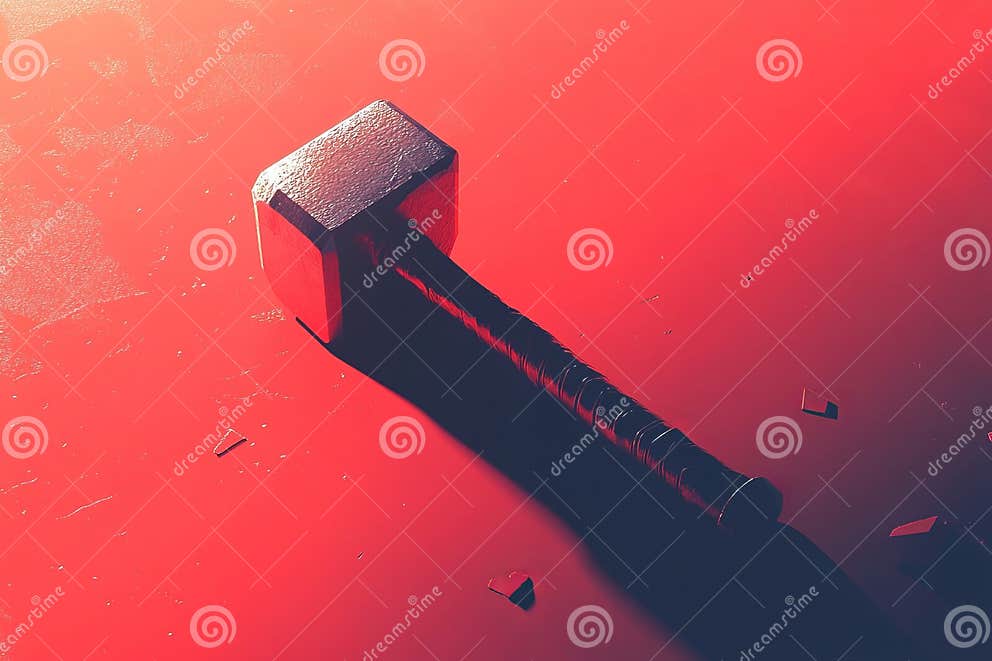 Epic Hammer on Red Surface with Dramatic Shadows and Minimalist Design ...