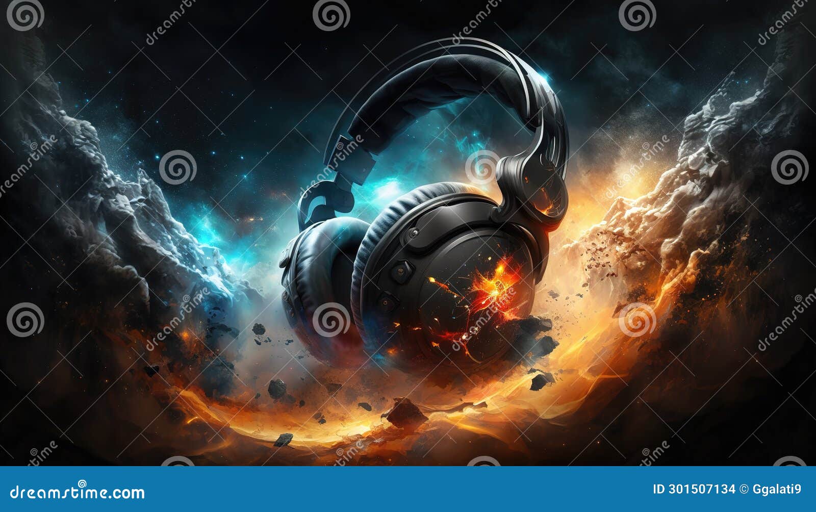 Epic Headphones in Space, Headset with a Lot of Scifi Clouds ...