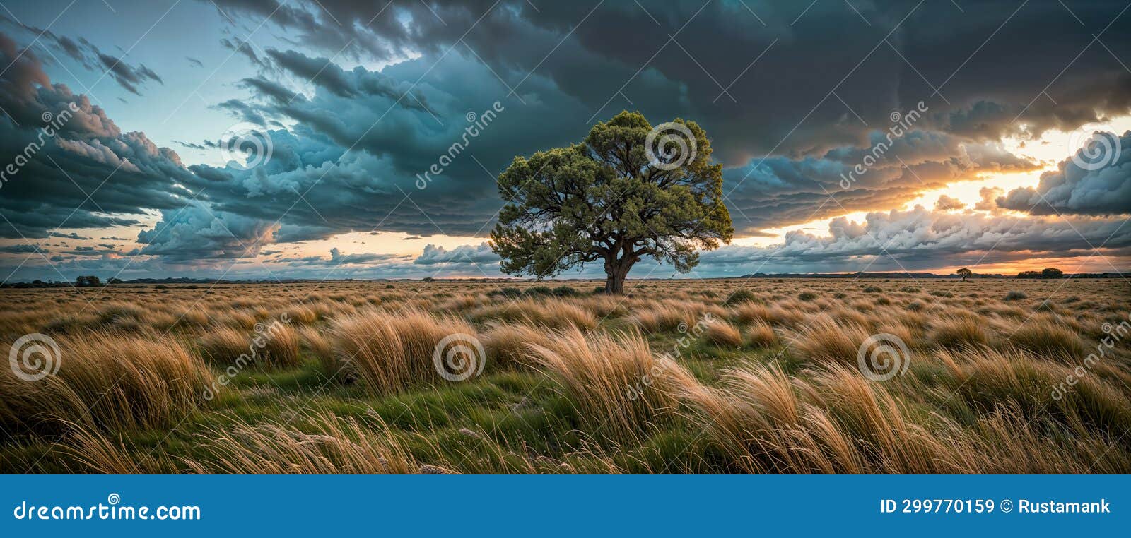 The Epic Landscape at Sunset. View of a Plain with High Grass and Trees ...