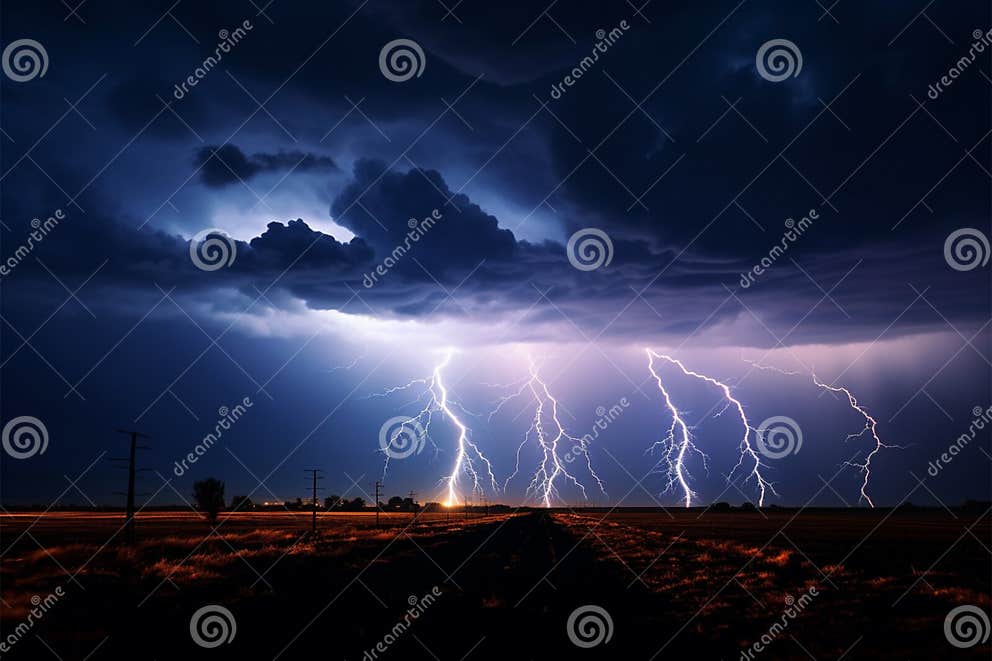 Epic Lightning Strikes at Twilight, Casting Open Plain in Shadows Stock ...