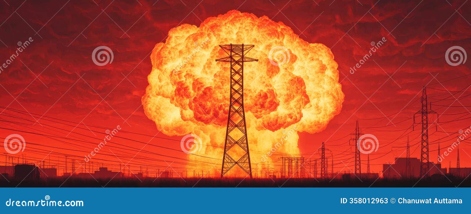 Epic Nuclear Explosion Power Lines Red Sky Disaster Apocalyptic Scene ...