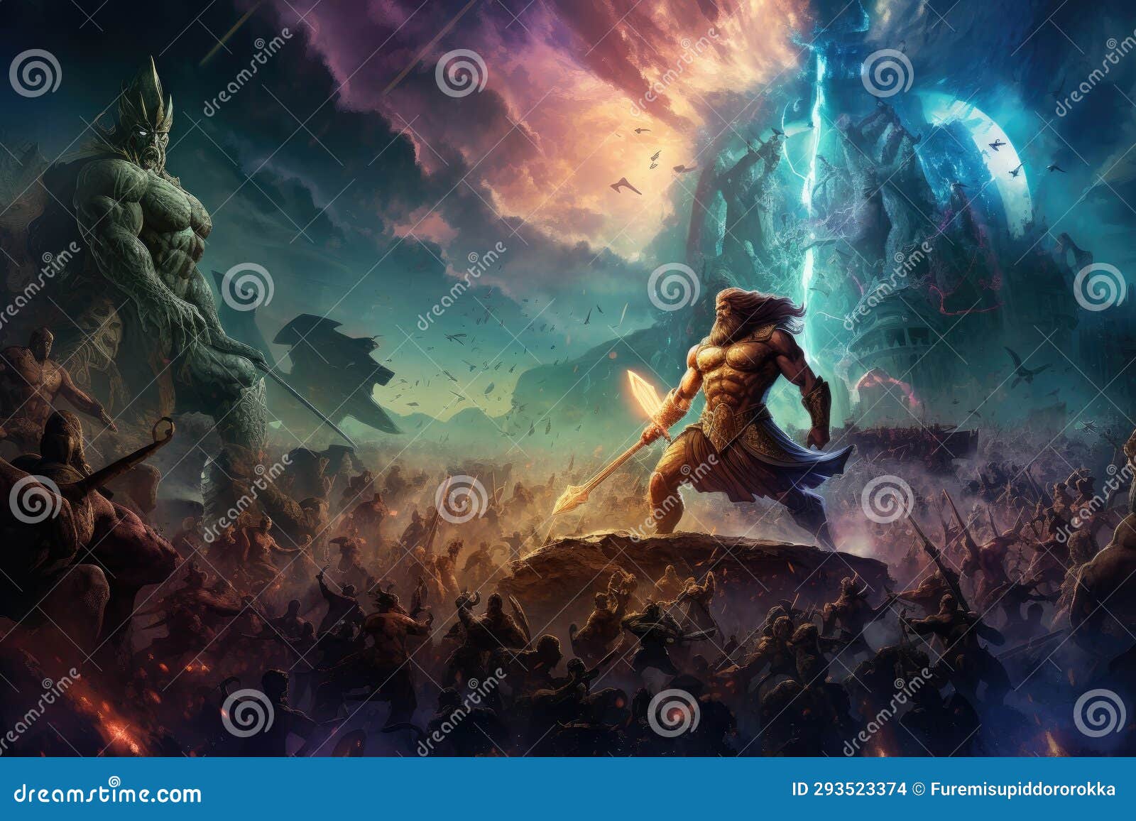 Epic Plot of the Battle of the Gods on an Abstract Background Stock ...
