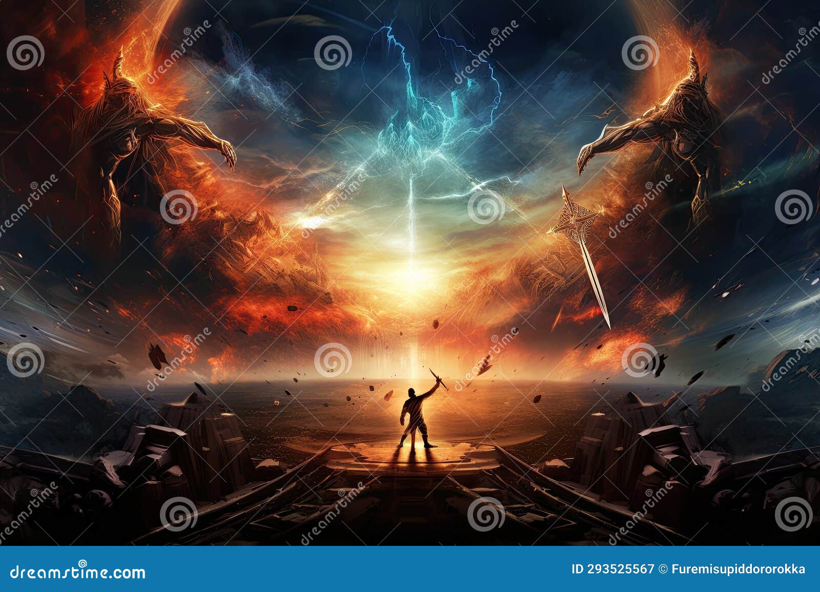 Epic Plot of the Battle of the Gods on an Abstract Background Stock ...