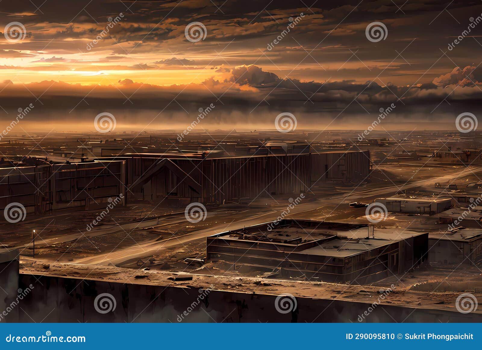 Epic Post-apocalypse Landscape with Sunset Stock Photo - Image of post ...