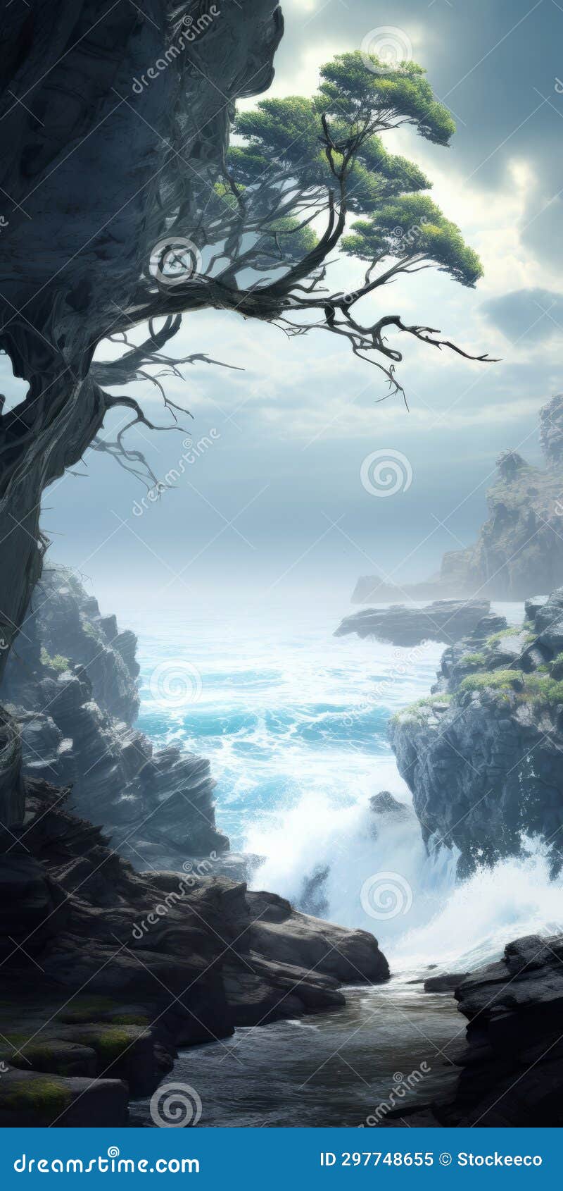 Epic Sci-fi Fantasy Image: Windblown Coastal Cypress Tree and Tumultuous Ocean Stock ...