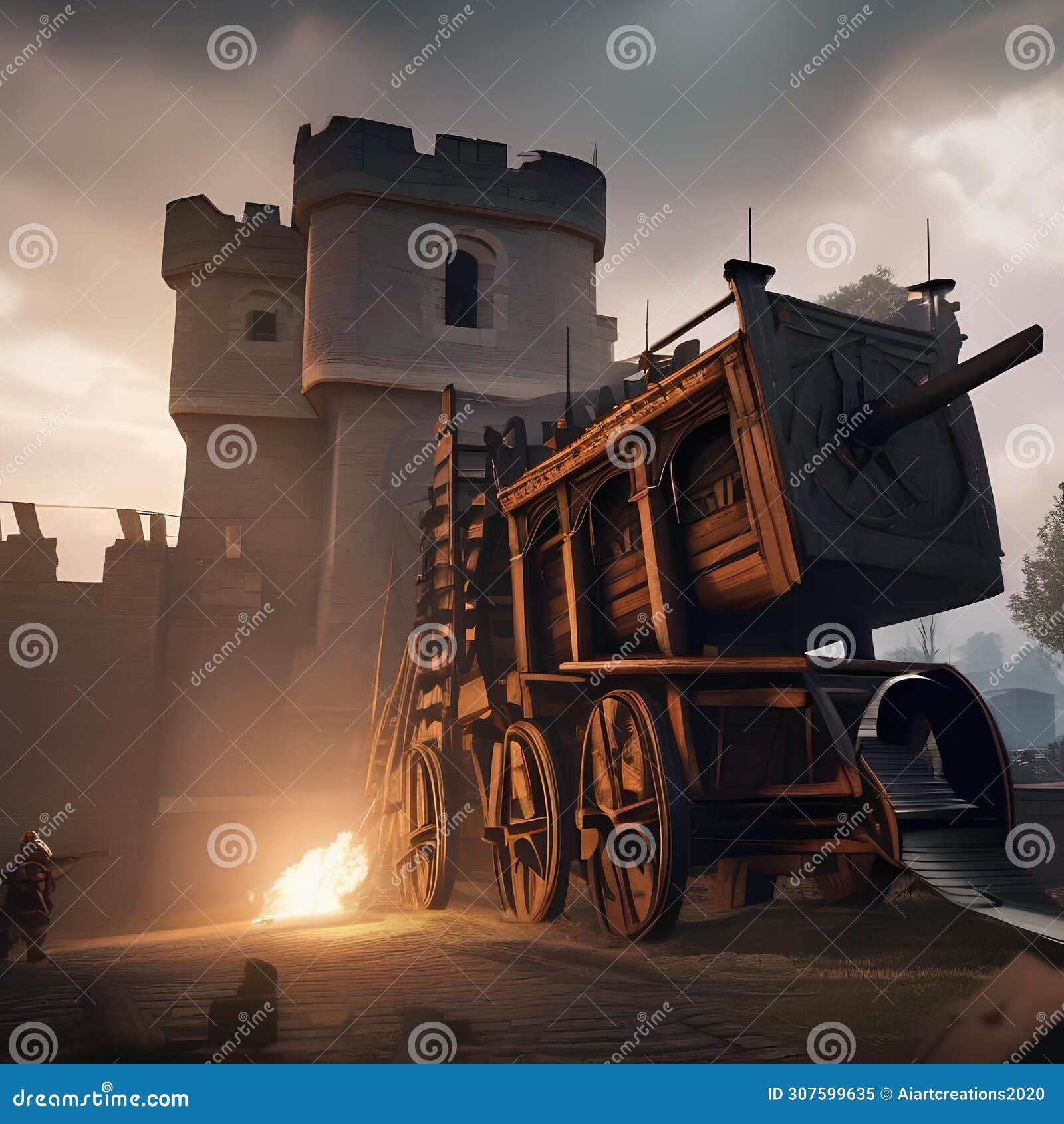 Siege Engine Approaches The Moat Of A Castle, Ready To Fire Its Payload ...