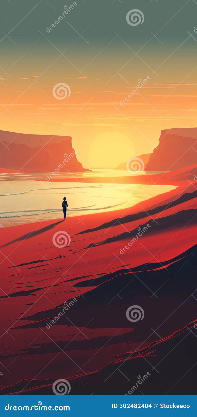 Epic Superflat Style Drawing Of Human Walking On Beach At Sunset Stock ...