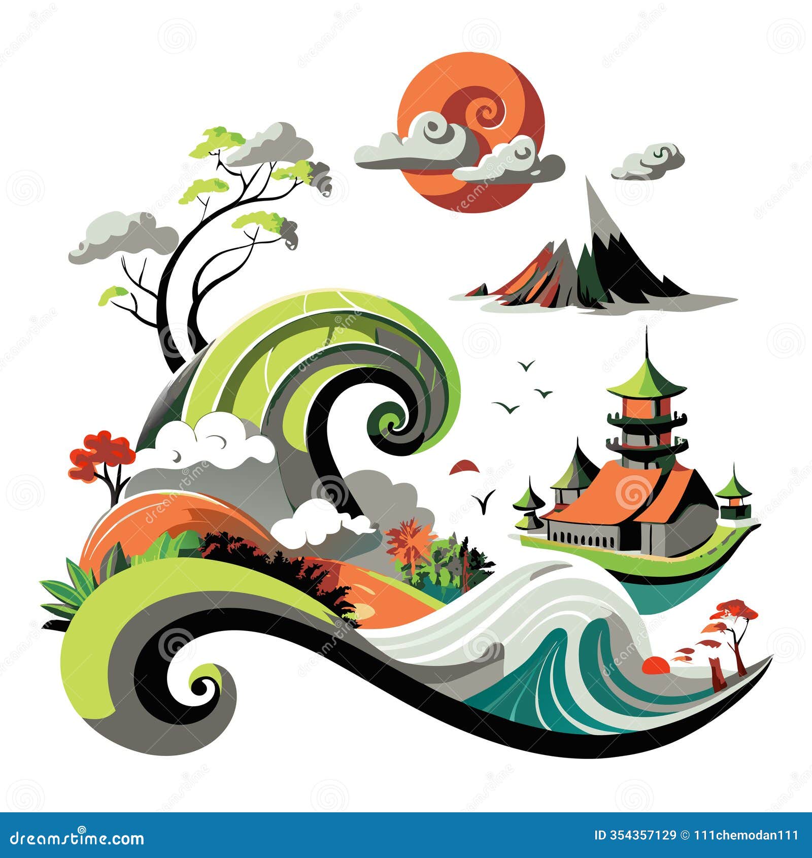 Epic Wave Surge Devastating Beautiful Countryside With Green Trees ...