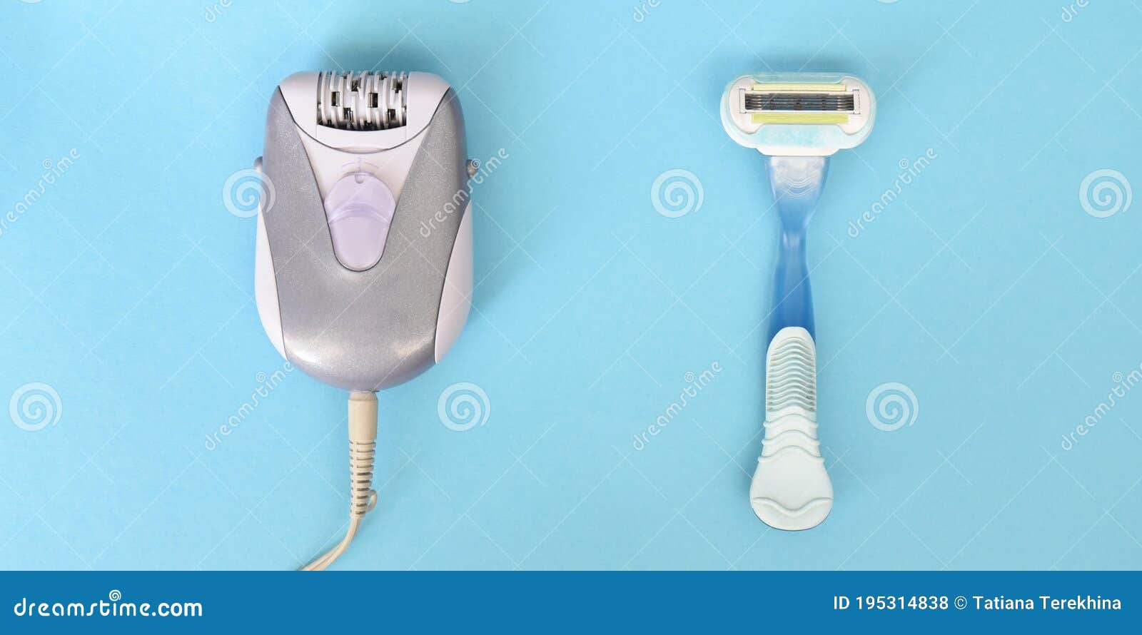 Epilator Against Razor on a Blue Background. Depilation Methods for ...
