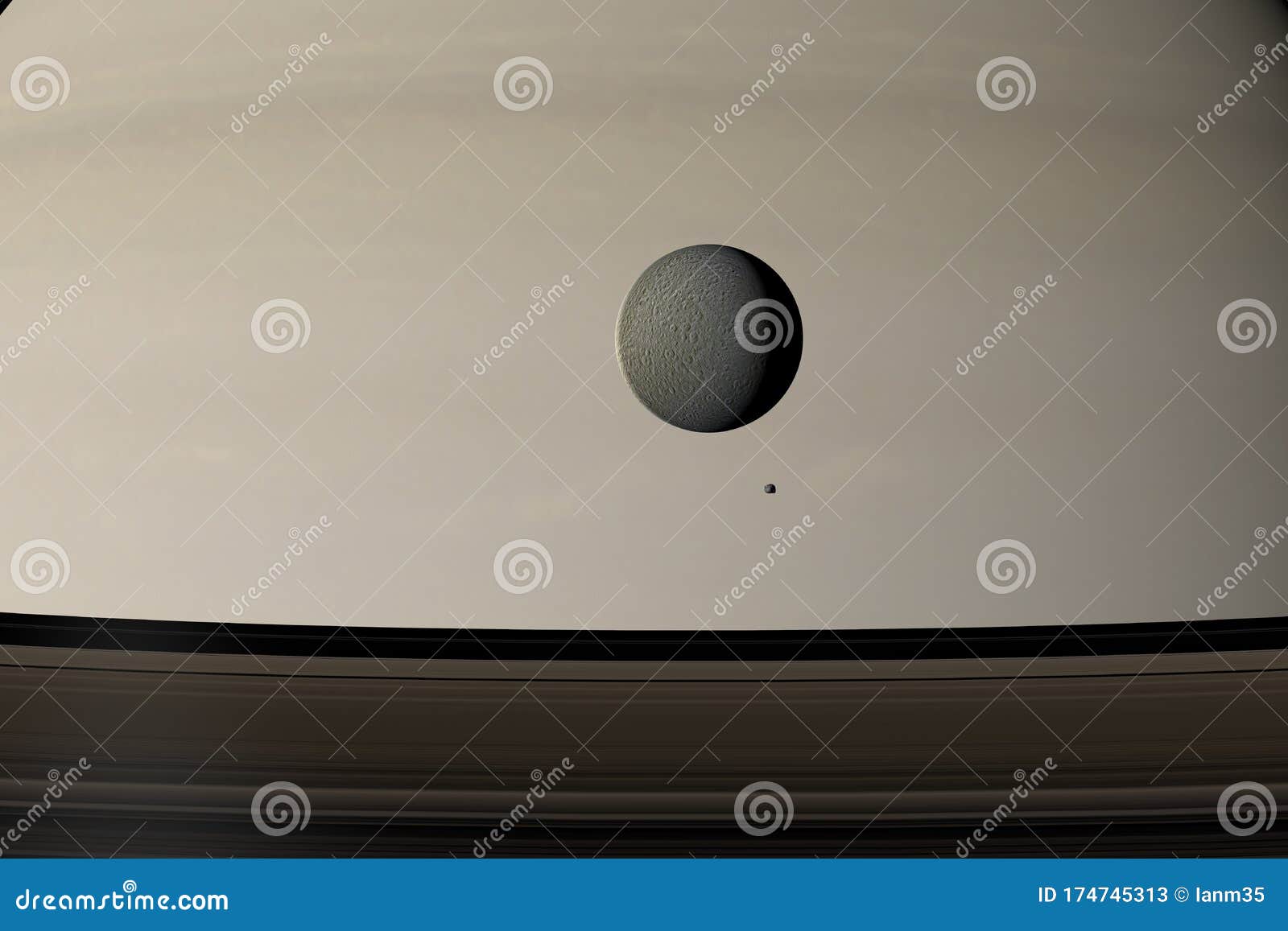 Epimetheus and Rhea Orbiting Around Saturn Planet. 3d Render Stock ...