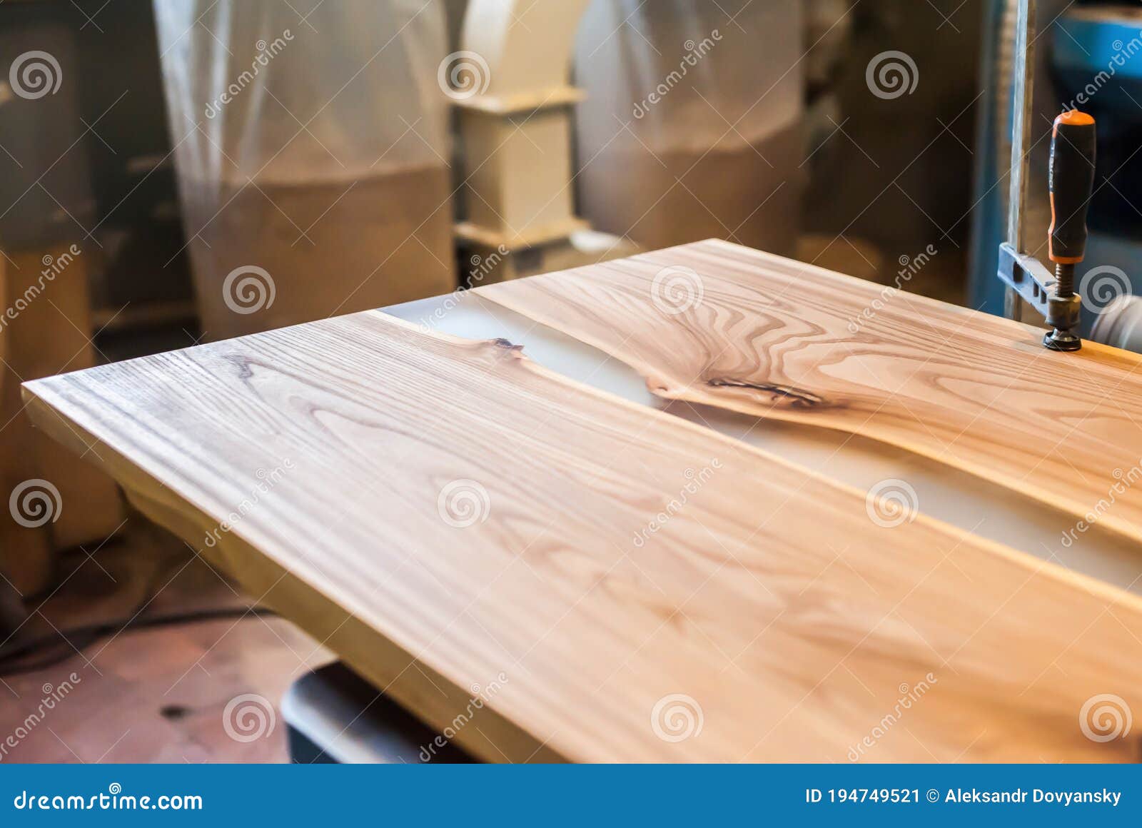 Epoxy-painted Solid Wood Table Top Close-up in a Carpentry Workshop ...