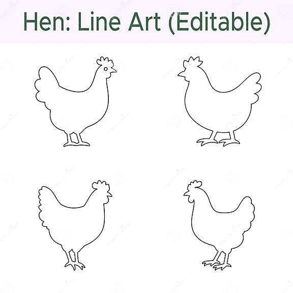 Hen Line Art Illustration. a Grid of Four Stylized Hens in Line Art ...