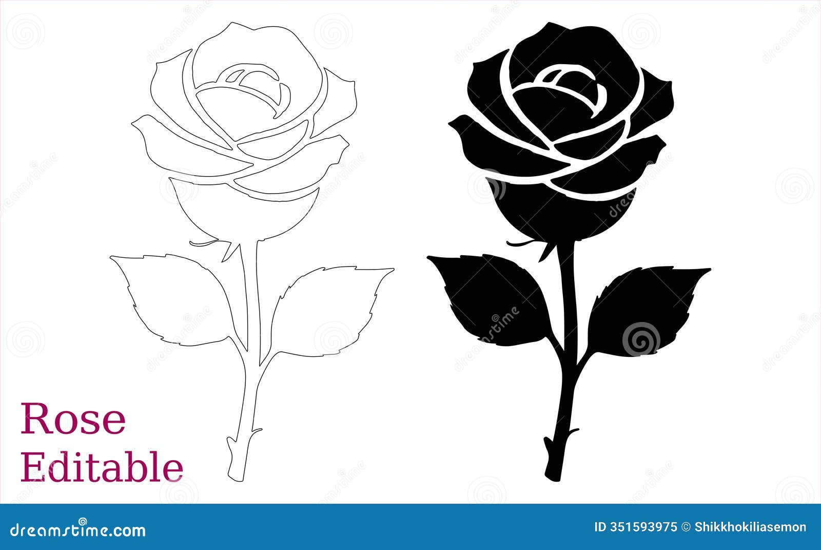 Rose Icon Solid and Line Art. an Outline and Silhouette of Roses Side ...