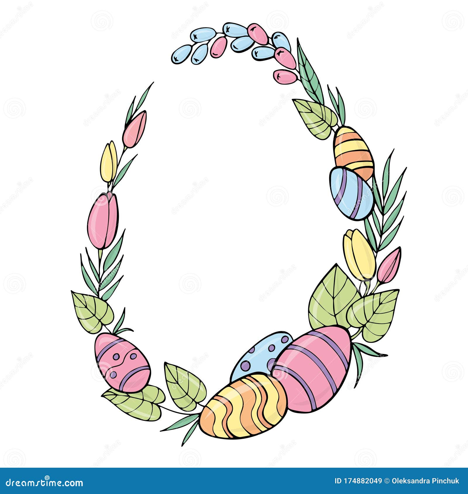 Sketch Easter Wreath with Easter Colored Eggs, Flowers and Floral ...