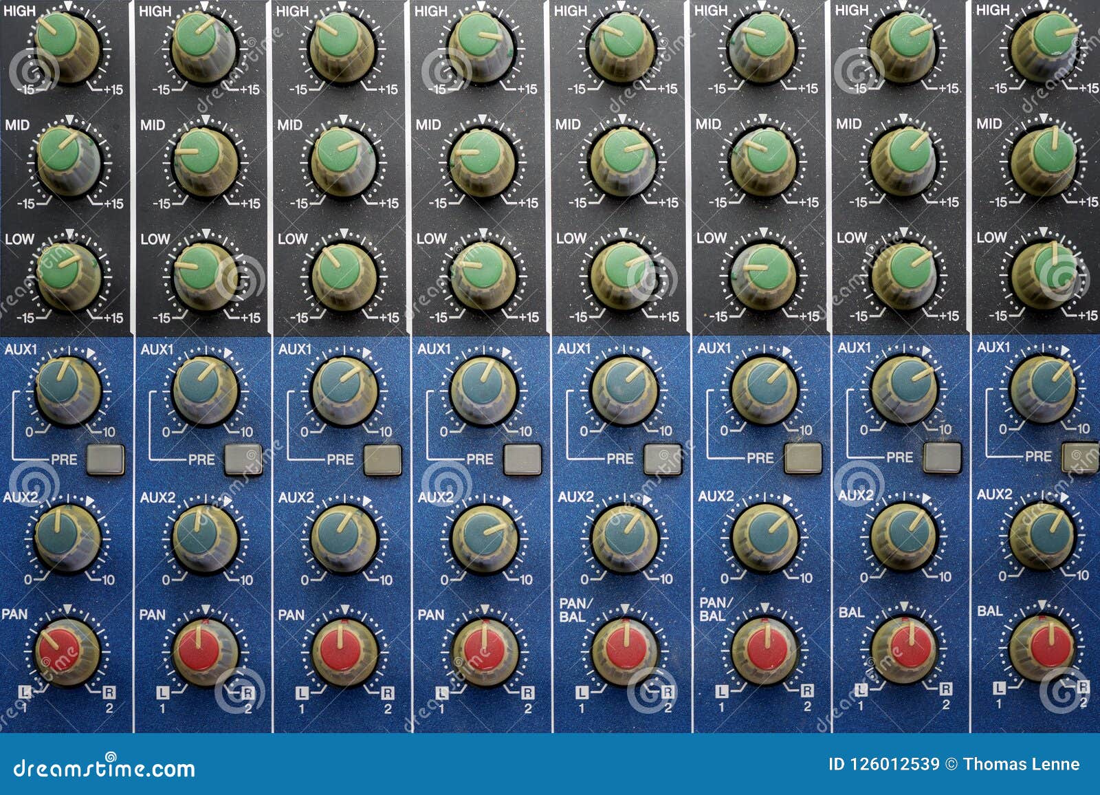 Equalization and pan knobs stock image. Image of musical - 126012539