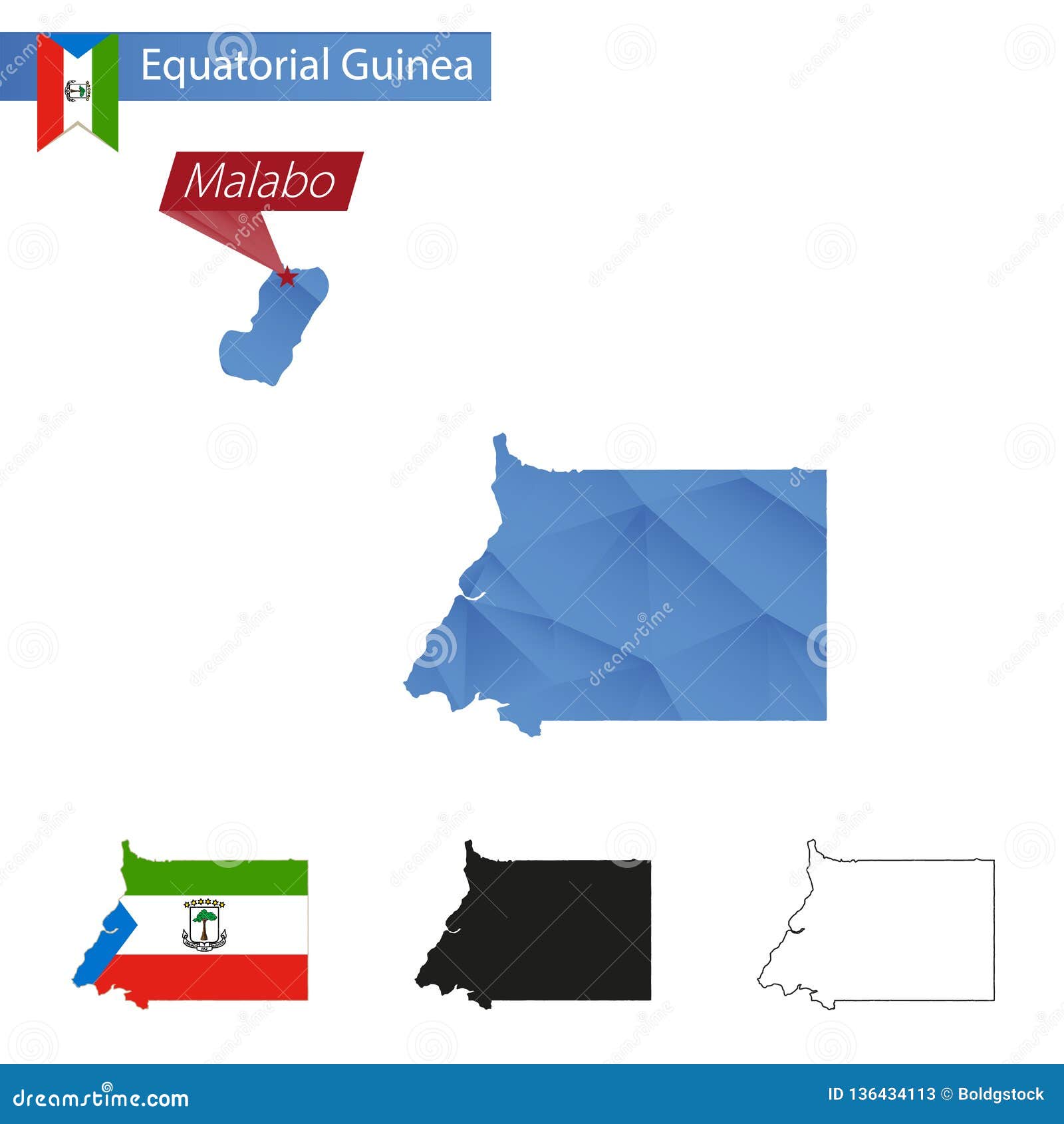 Equatorial Guinea Blue Low Poly Map with Capital Malabo Stock Vector ...
