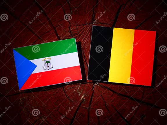 Equatorial Guinea Flag with Belgian Flag on a Tree Stump Isolate Stock ...