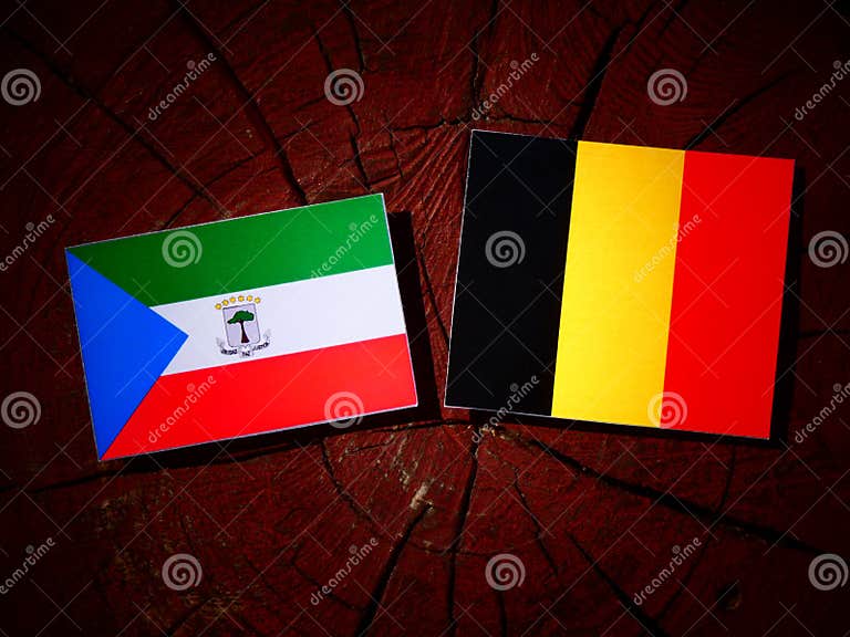 Equatorial Guinea Flag with Belgian Flag on a Tree Stump Isolate Stock ...