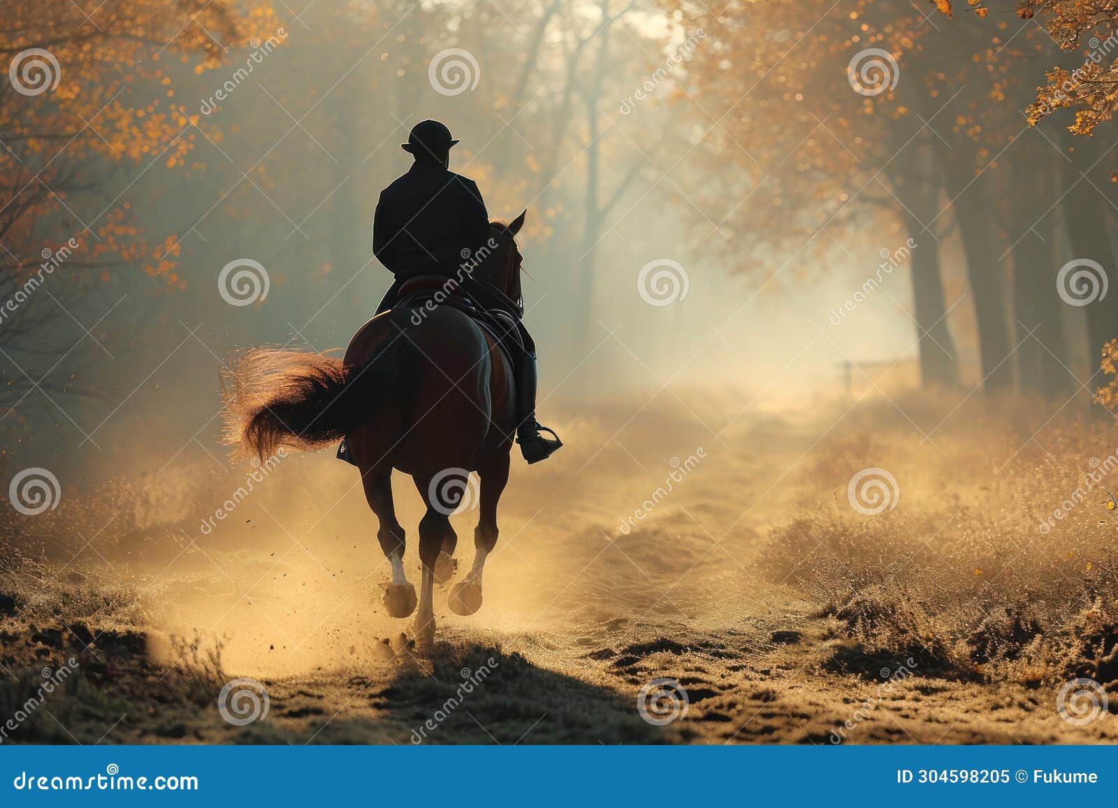 Equestrian Riding Horse through Misty Forest. Stock Image - Image of ...