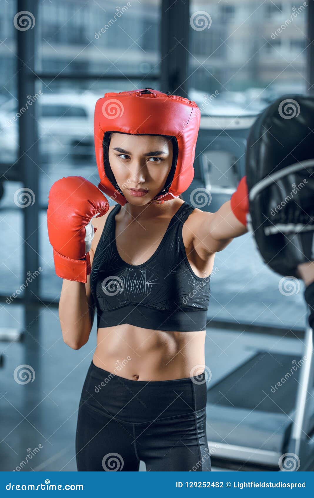 Equiped Sporty Female Boxer Training Stock Photo - Image of helmet ...