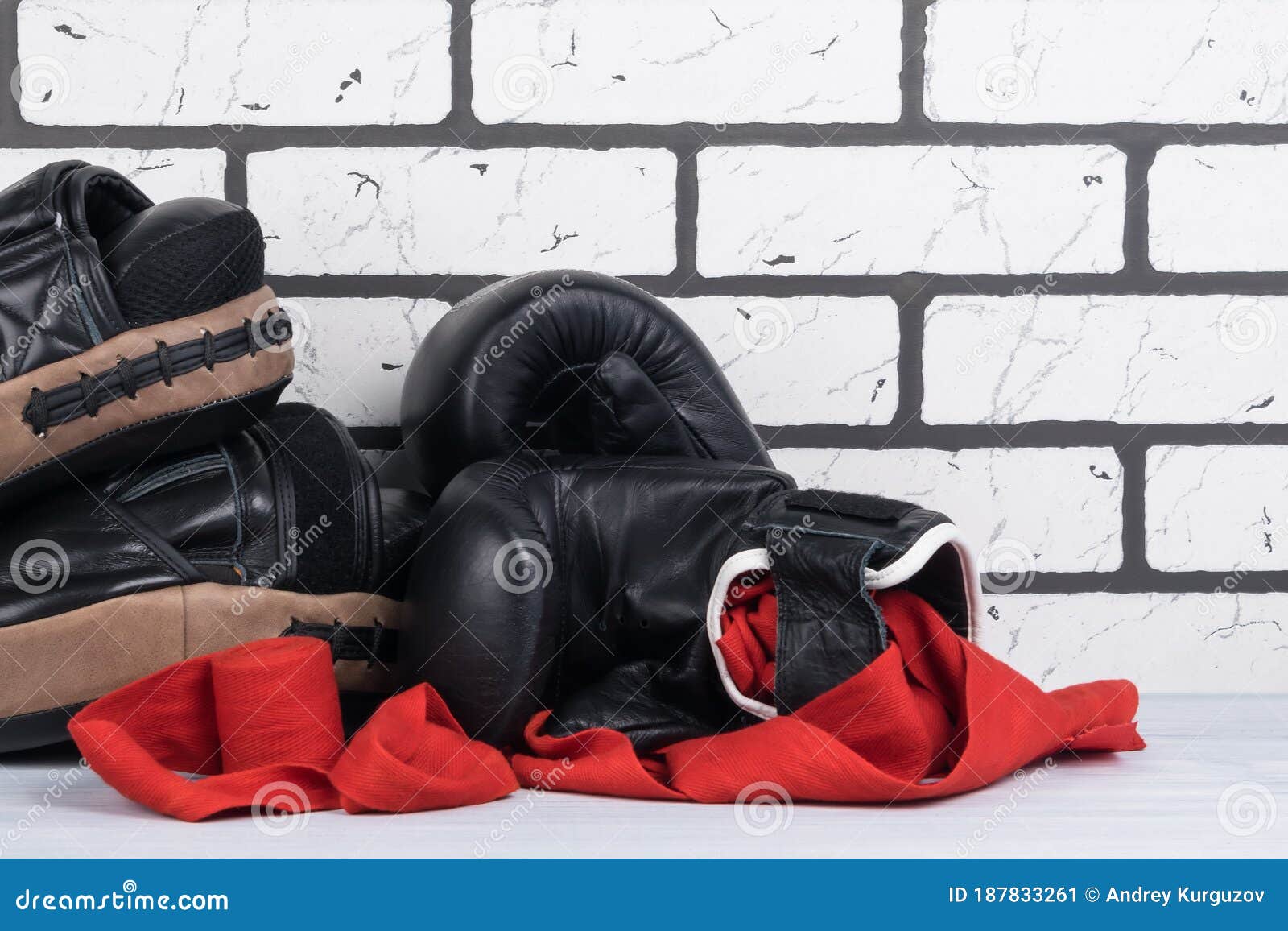 Equipment and Equipment for Boxing and Martial Arts on a White Brick ...