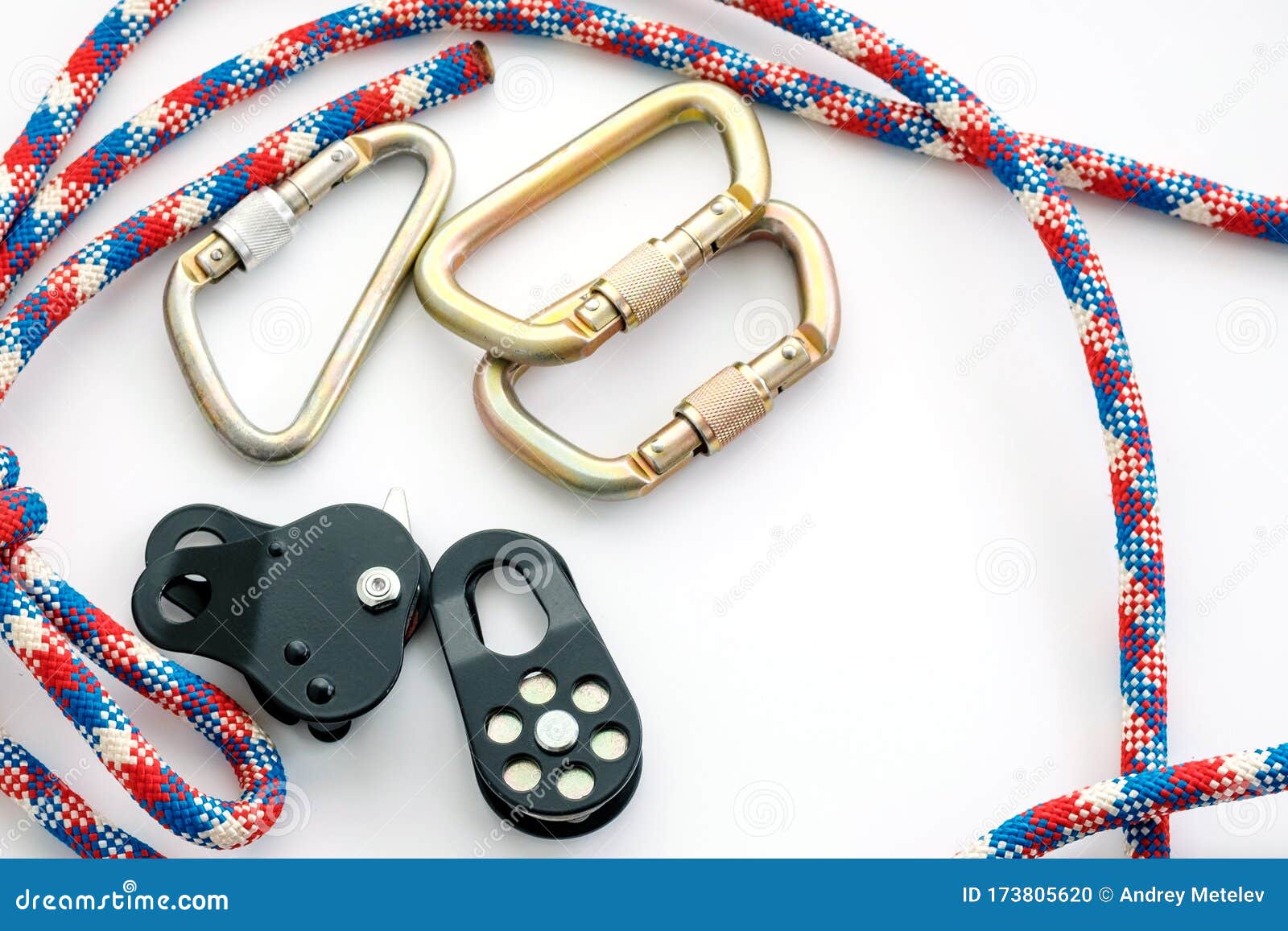 Equipment with Carabiners and Rope on a White Surface Stock Photo ...